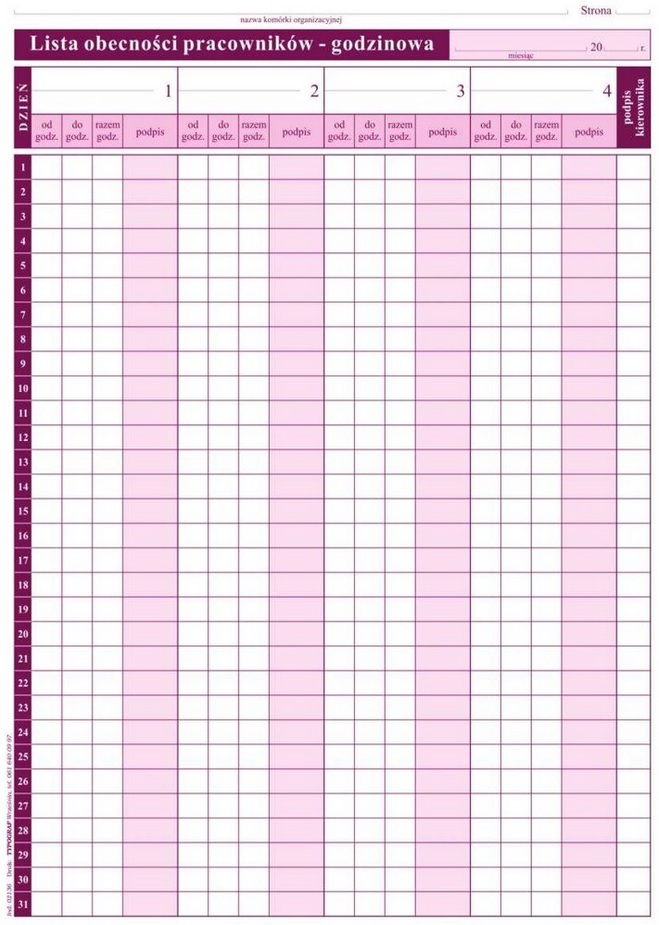 Druk Lista obecności A4 GODZINOWA 02136